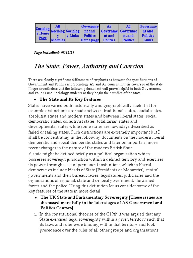 The State: Power, Authority and Coercion | PDF | State (Polity) | Power ...