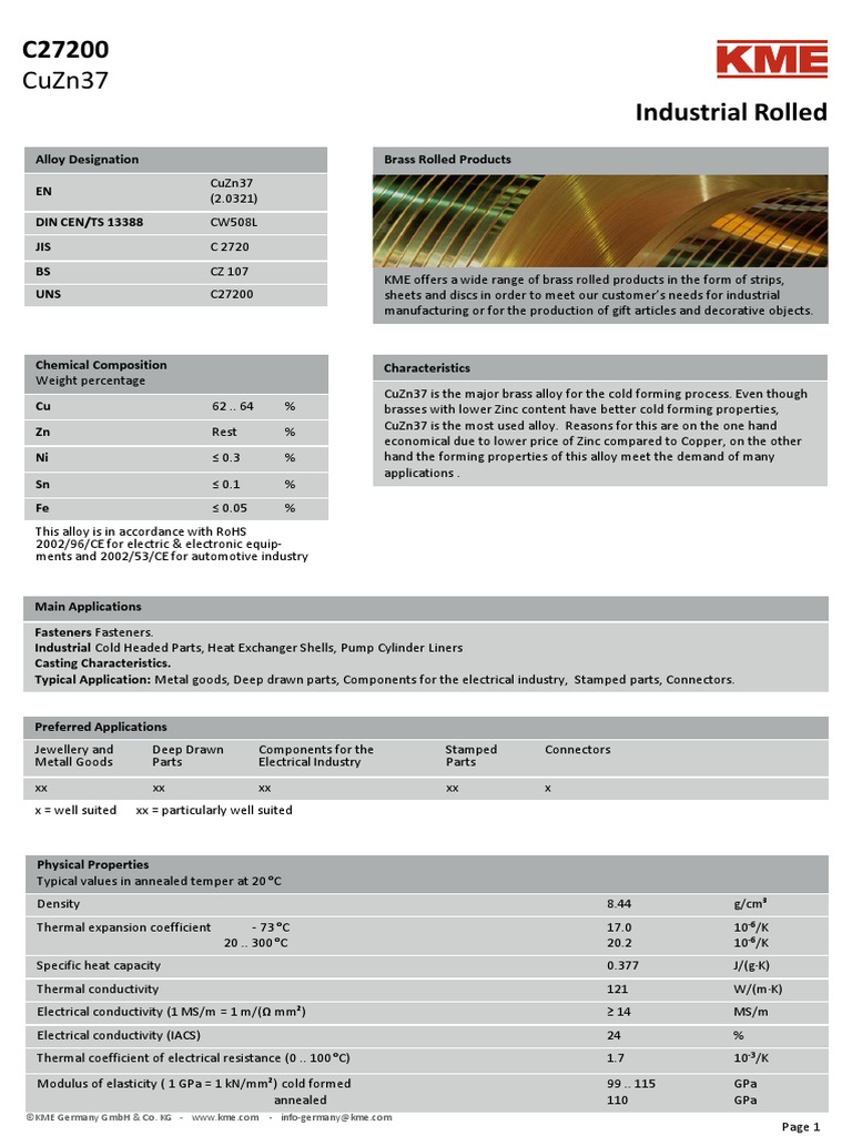 Cuzn37 Industrial Rolled | PDF | Brass | Annealing (Metallurgy)