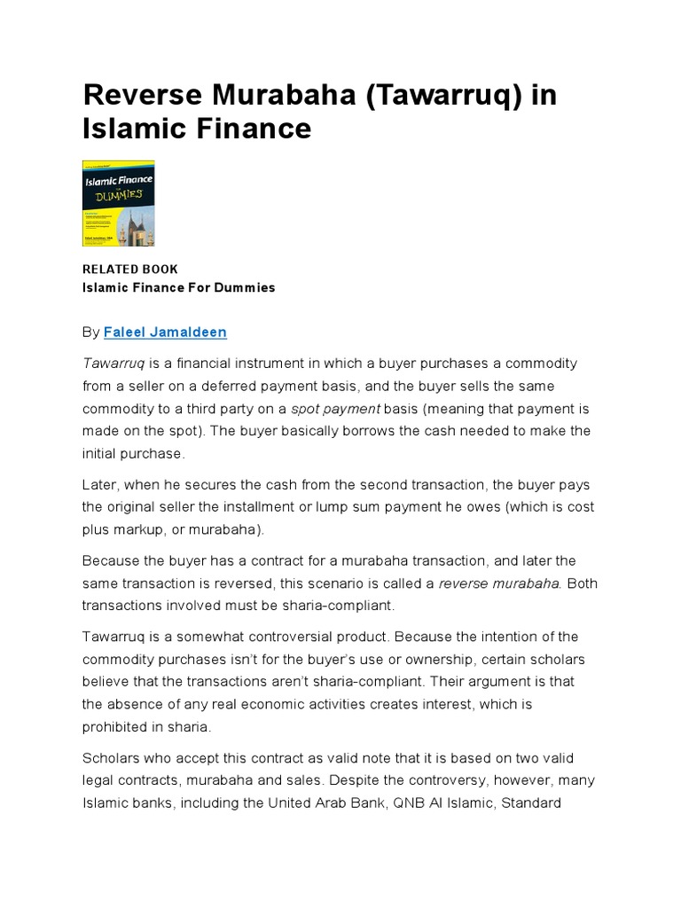 Reverse Murabaha (Tawarruq) in Islamic Finance: Faleel Jamaldeen | PDF
