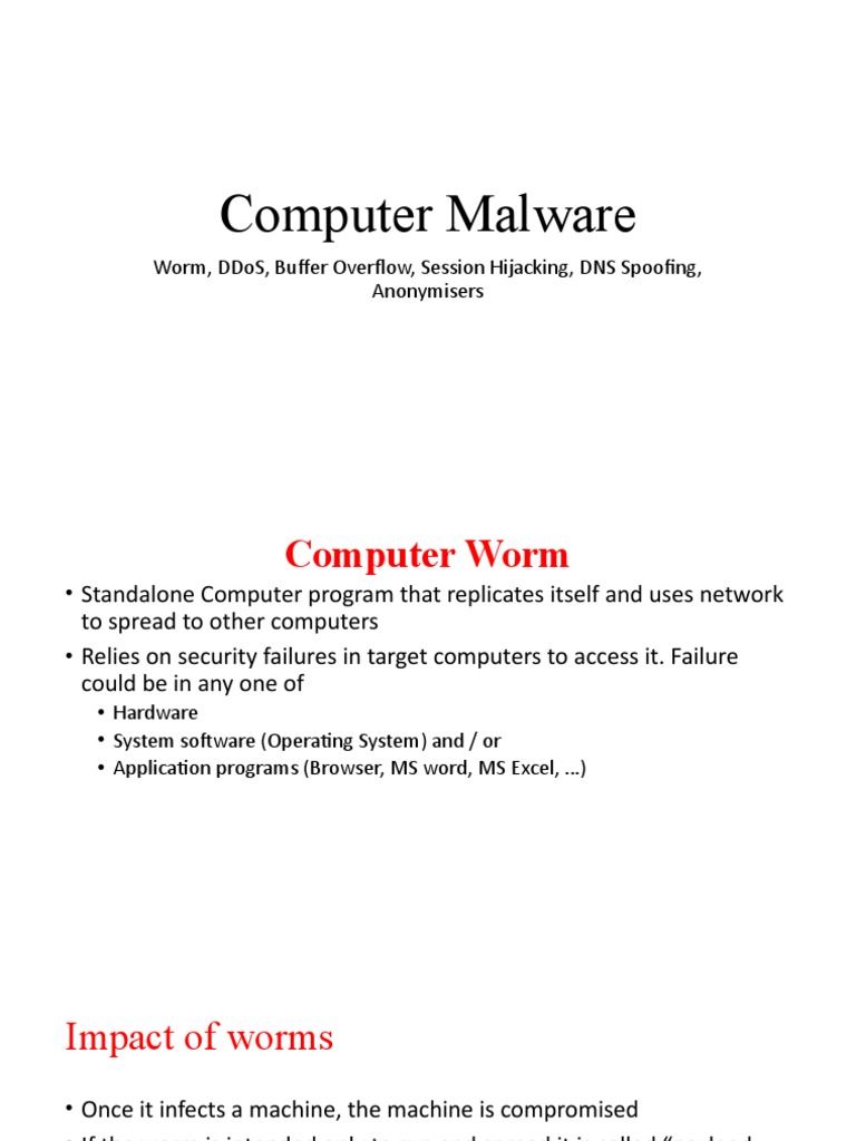 Computer Malware Worm Ddos Buffer Overflow Session Hijacking Dns