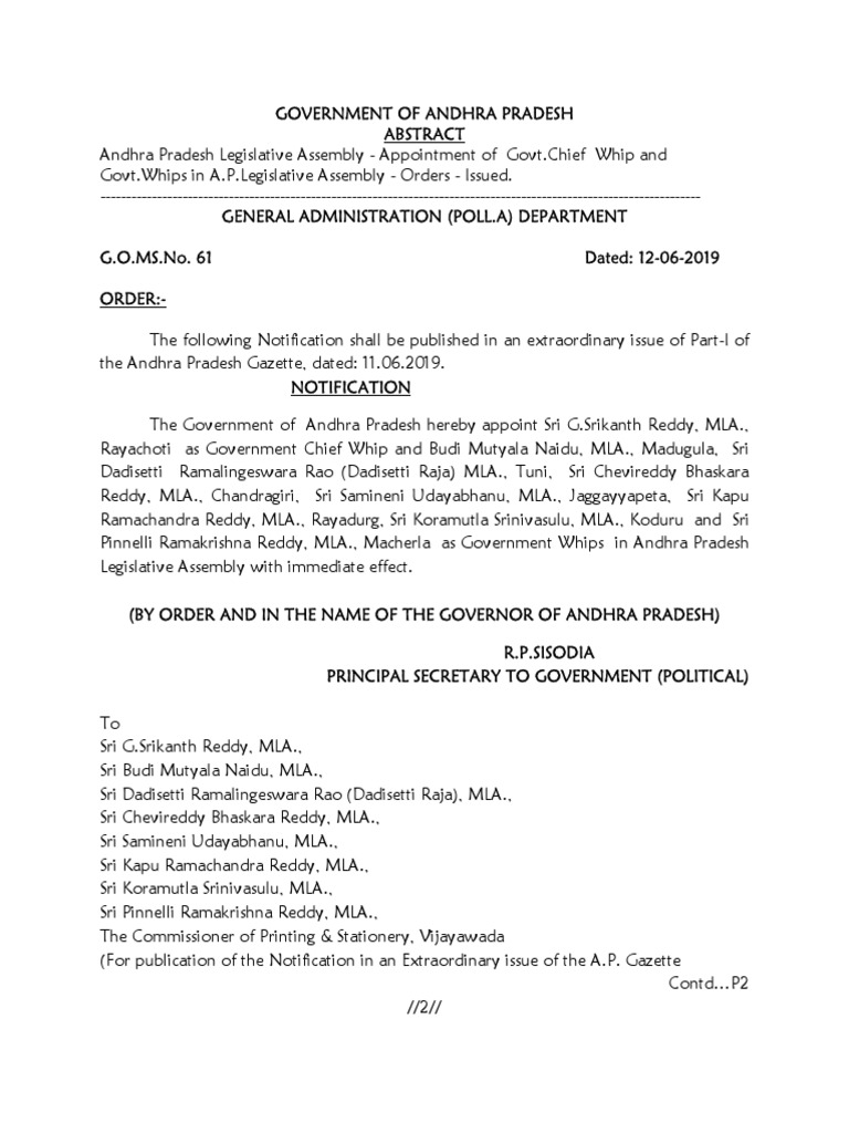 AP govt appoints chief whip and whips | PDF | Politics Of India ...