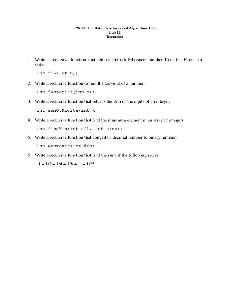 CSE225L - Data Structures and Algorithms Lab Lab 12 Recursion | PDF