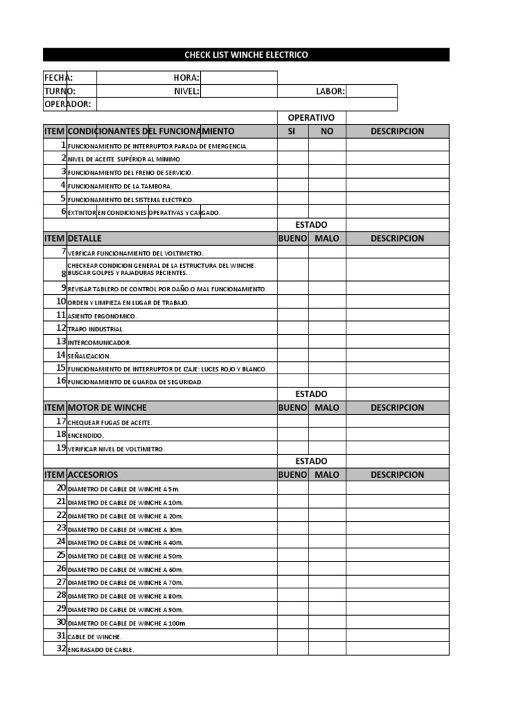 Check List Winche Electrico V01 | PDF