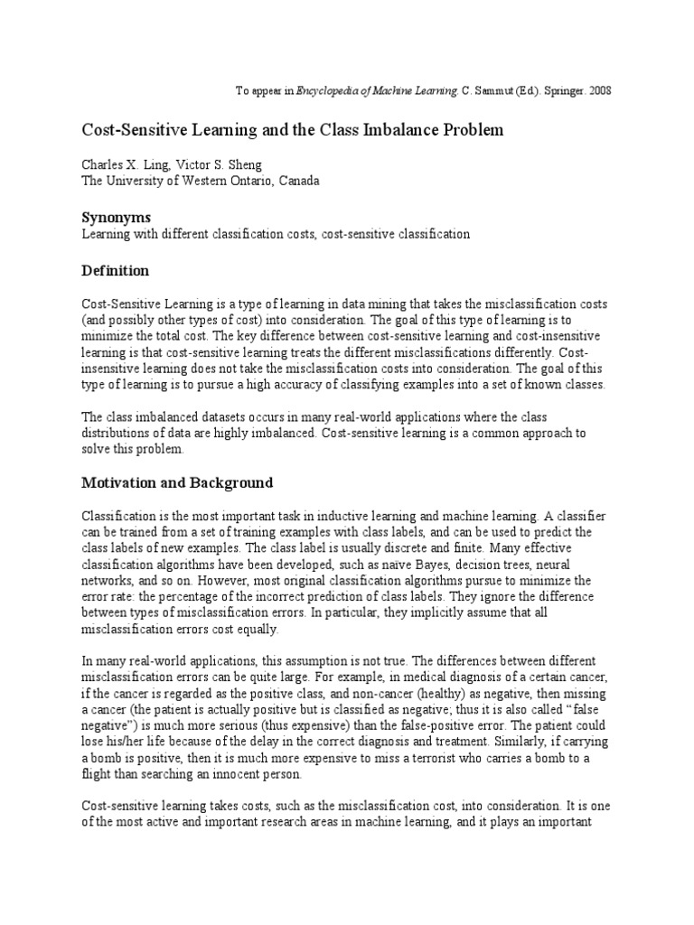 Cost-Sensitive Learning and The Class Imbalance Problem: Synonyms | Download Free PDF ...