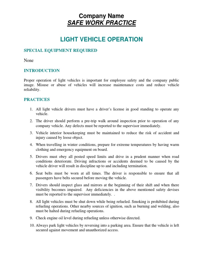 Light Duty Vehicle Operation | PDF