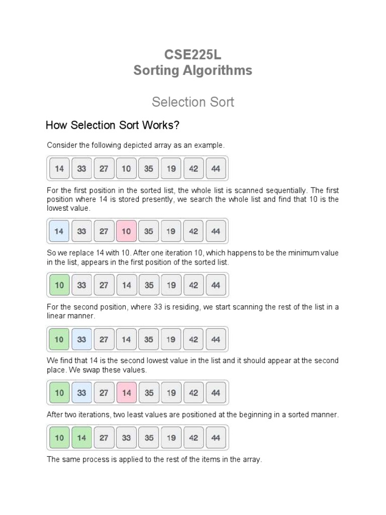 CSE225L Sorting Algorithms: Selection Sort | PDF | Discrete Mathematics | Theoretical Computer ...