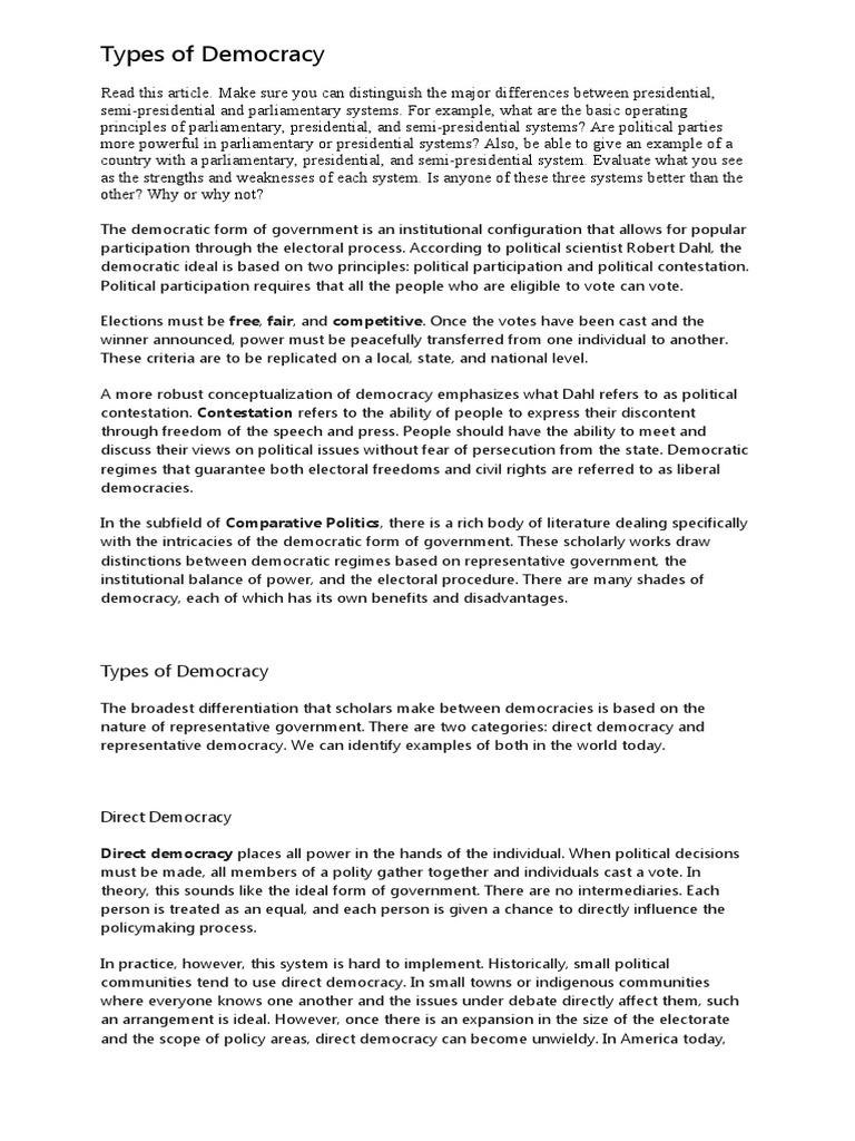 Types of Democracy | PDF | Parliamentary System | World Politics