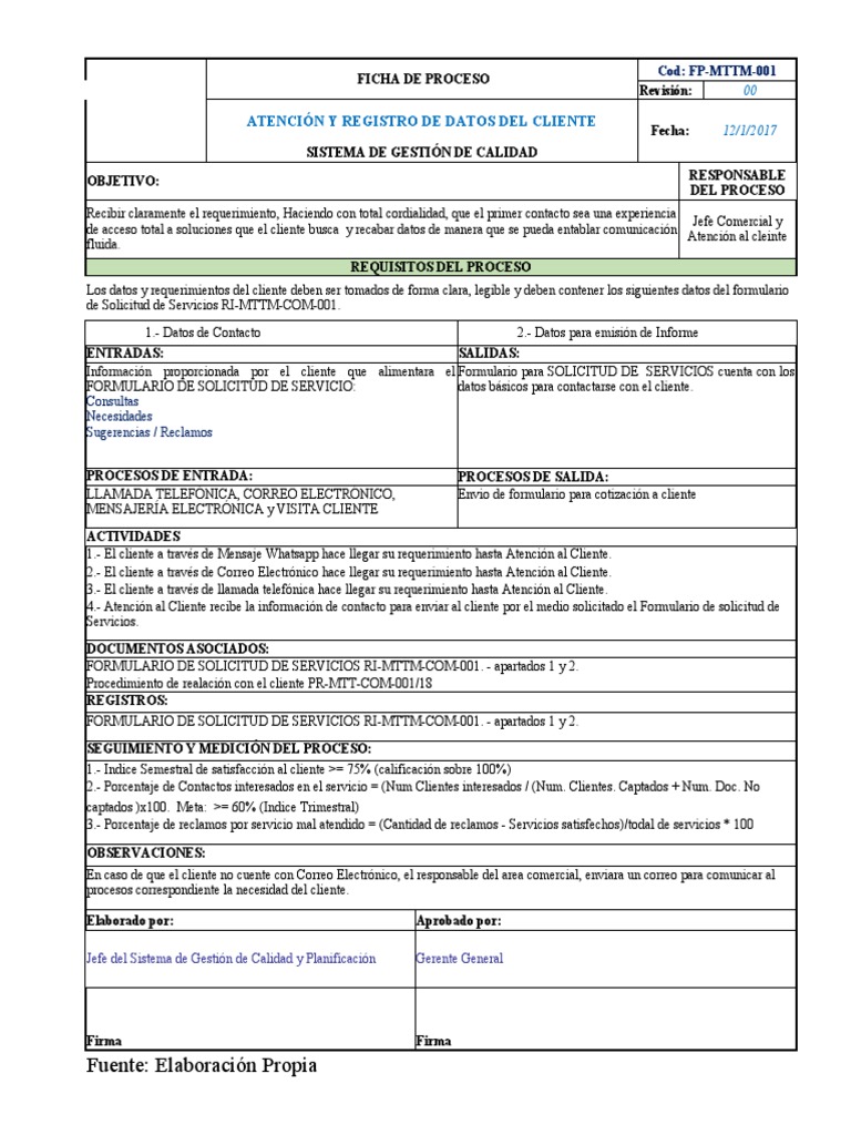 Ejemplo de Ficha de Procesos | PDF | Servicio al Cliente | Sistema de ...