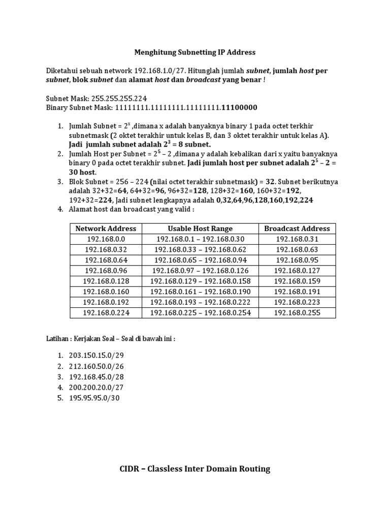 Perhitungan Subnetting IP /27 | PDF | Metode & Bahan Ajar | Komputer