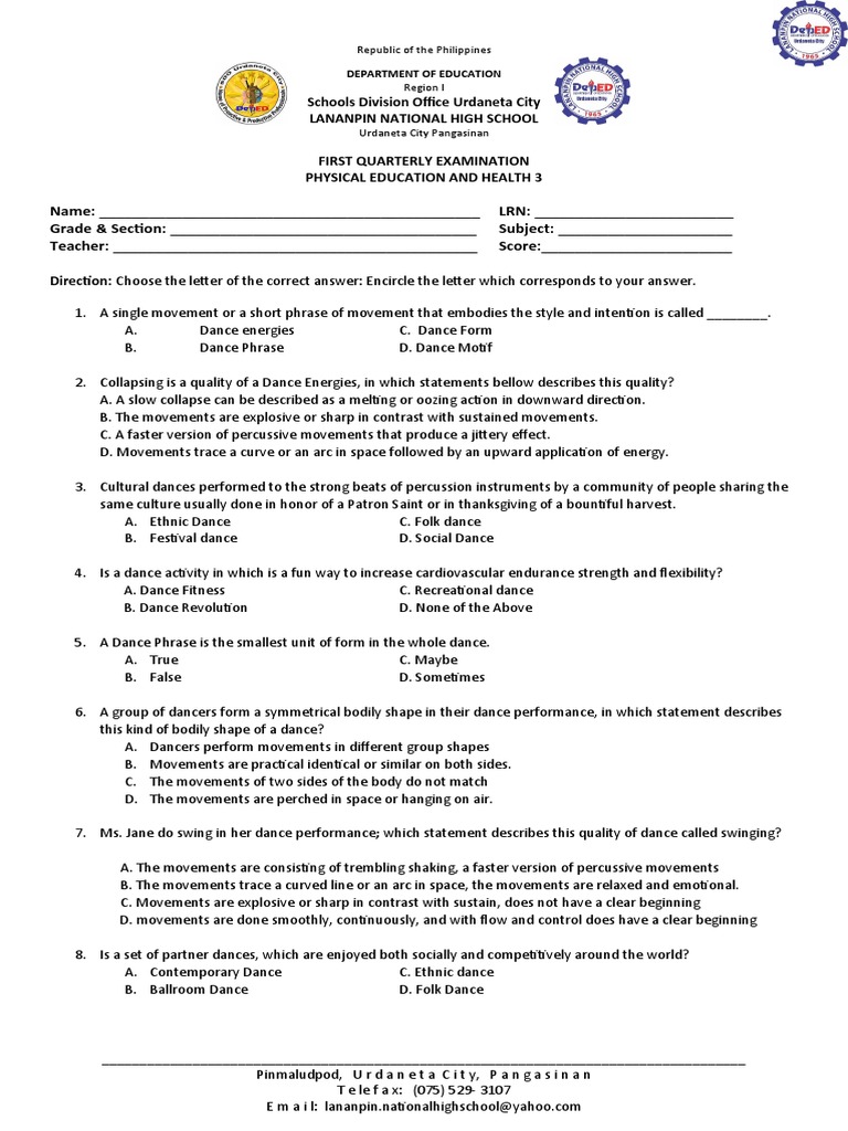 Philippine high school physical education exam questions | PDF | Dances ...