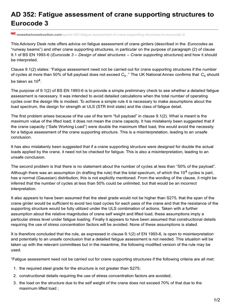 AD 352 - Fatigue Assessment of Crane Supporting Structures To Eurocode ...