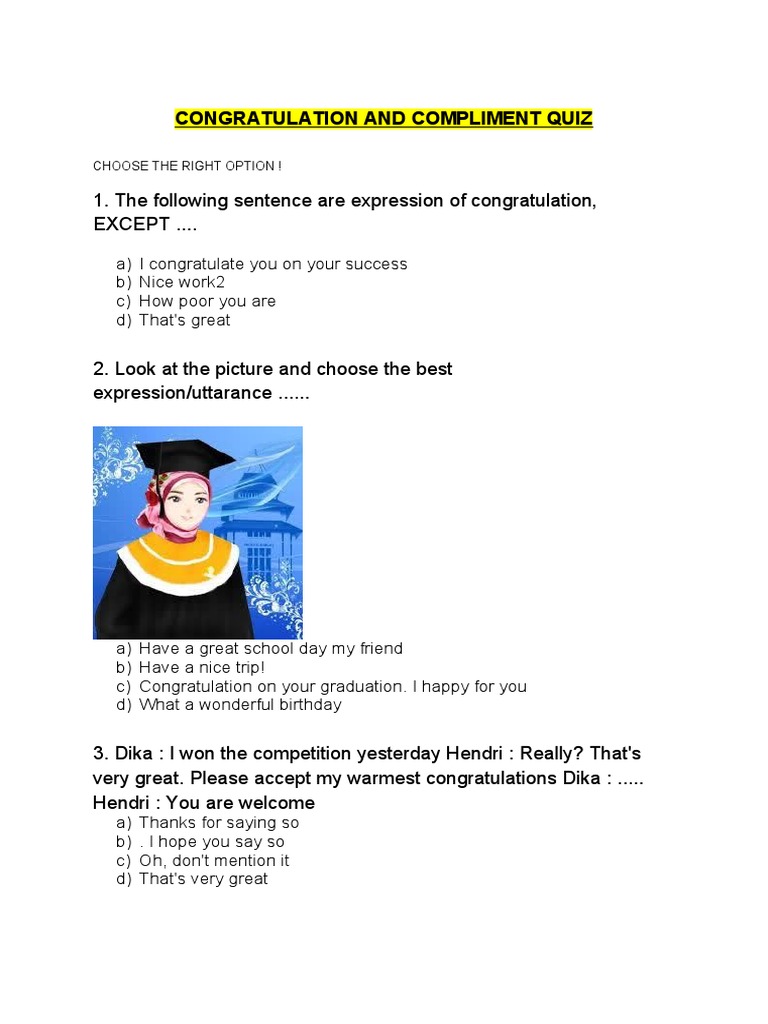 Quiz For Congratulation and Compliments Expression | PDF