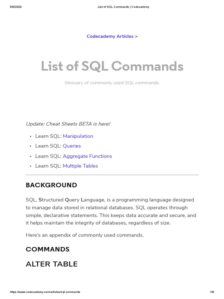 List Of Sql Commands Codecademy Pdf Table Database Sql