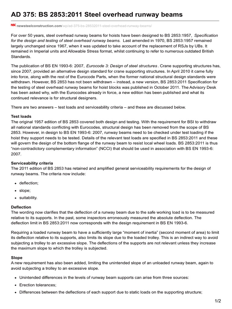 BS 2853:2011 Steel Runway Beams Guide | PDF | Mechanical Engineering ...