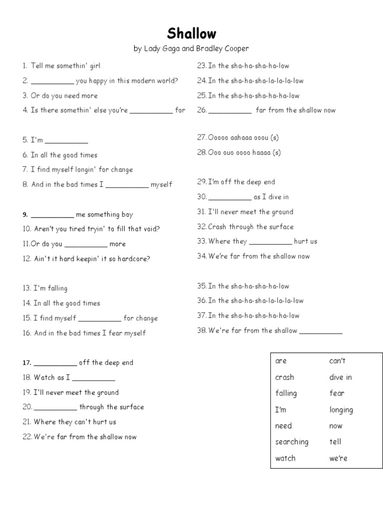LADY GAGA SHALLOW Song ESL IELTS Worksheet | PDF | Lady Gaga