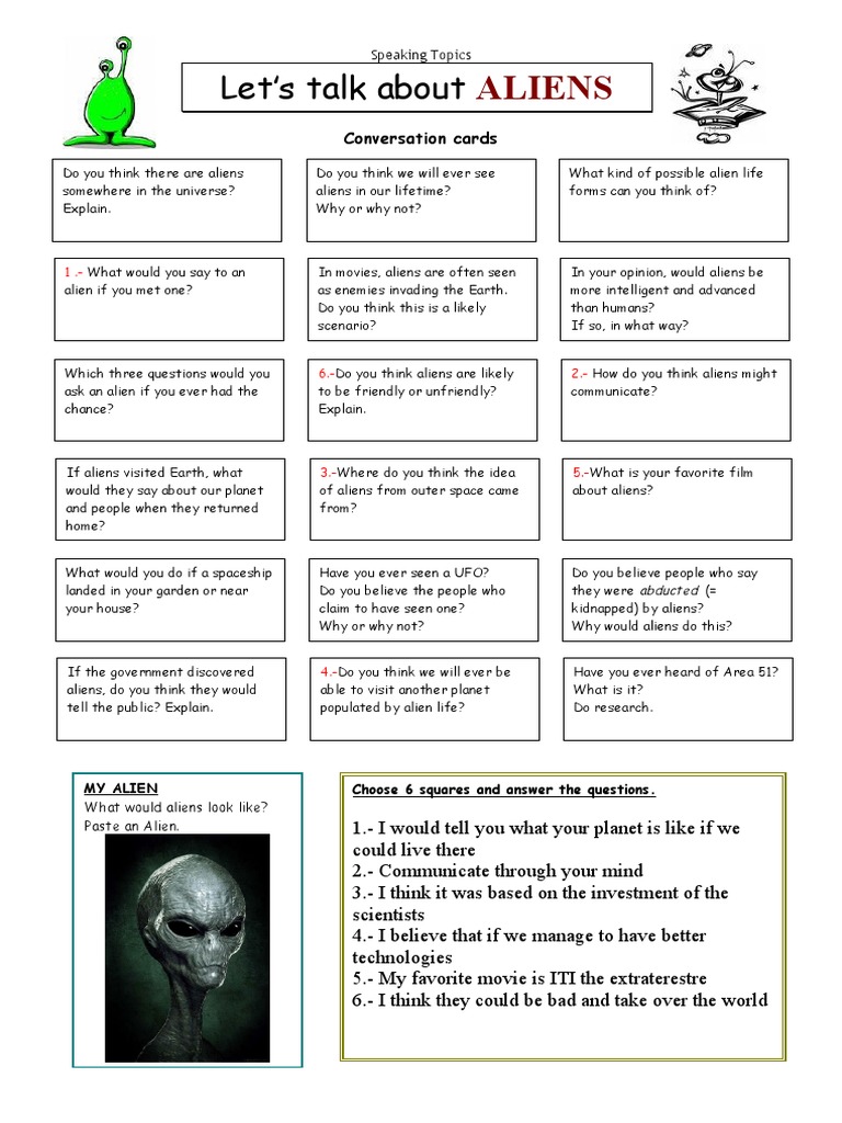 Speaking Topics: Aliens Conversation Cards | PDF | Extraterrestrial ...