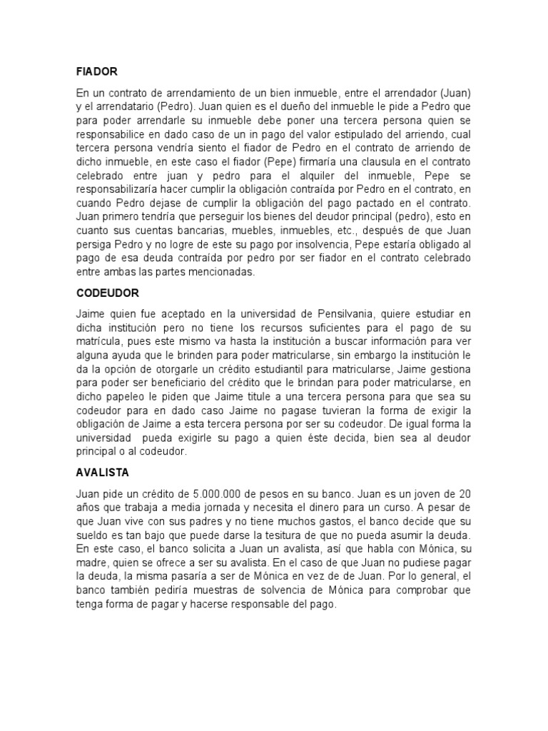 Ejemplos de Fiador, Codeudor y Avalista | PDF | Pagos | Bancos