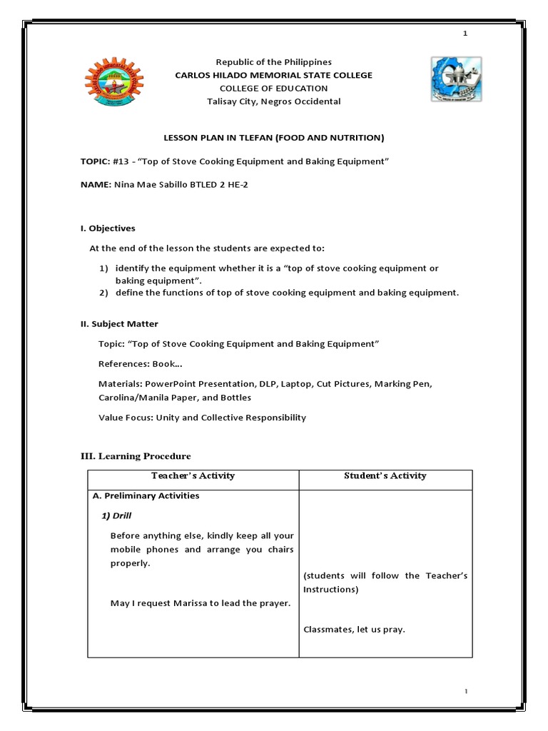 Lesson Plan in Top of Stove Cooking Equipment and Baking Equipment ...