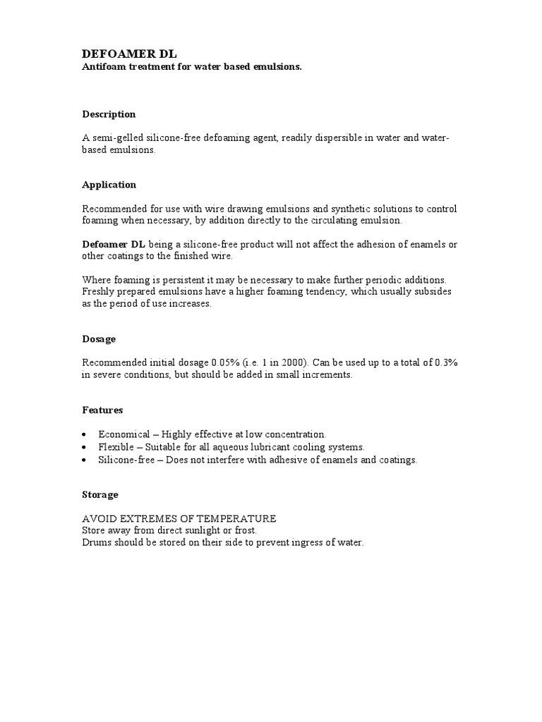 Defoamer DL: Antifoam Treatment For Water Based Emulsions | PDF