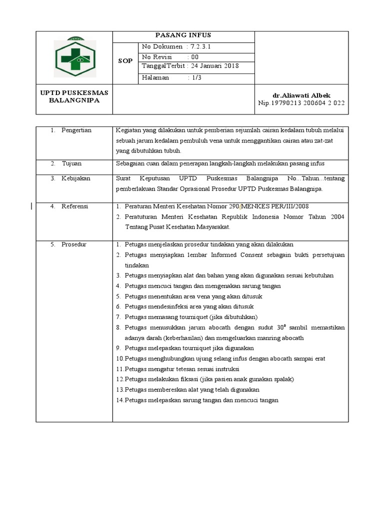 SOP Pasang Infus | PDF