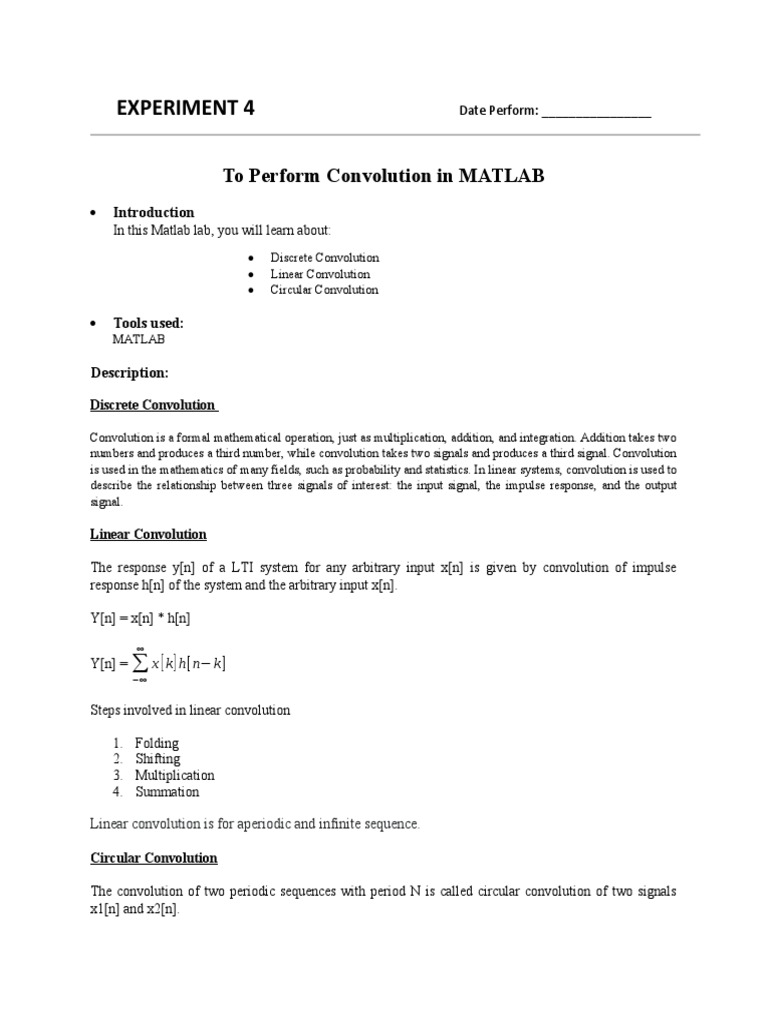 Experiment 4: To Perform Convolution in MATLAB | PDF | Convolution ...
