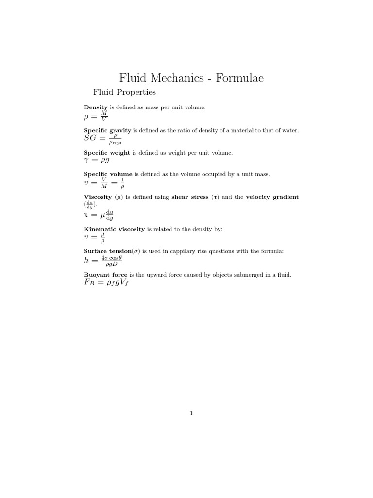 Fluid Mechanics Formulae | PDF | Pressure | Fluid Dynamics