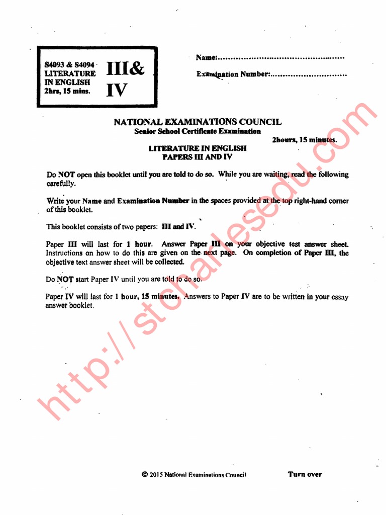 National Examination Council NECO Literature Past Questions PDF | PDF ...