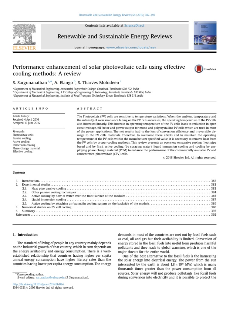 Performance Enhancement of Solar Photovoltaic Cells Using Effective ...