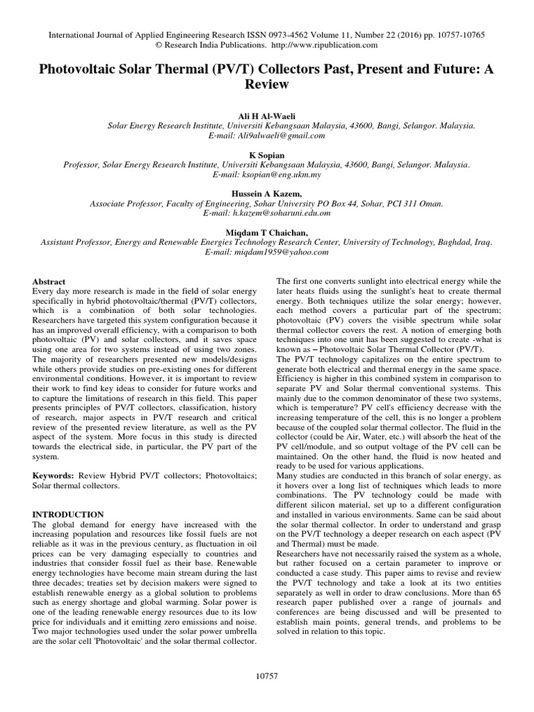 Photovoltaic Solar Thermal (PVT) Collectors Past, Present and Future A ...