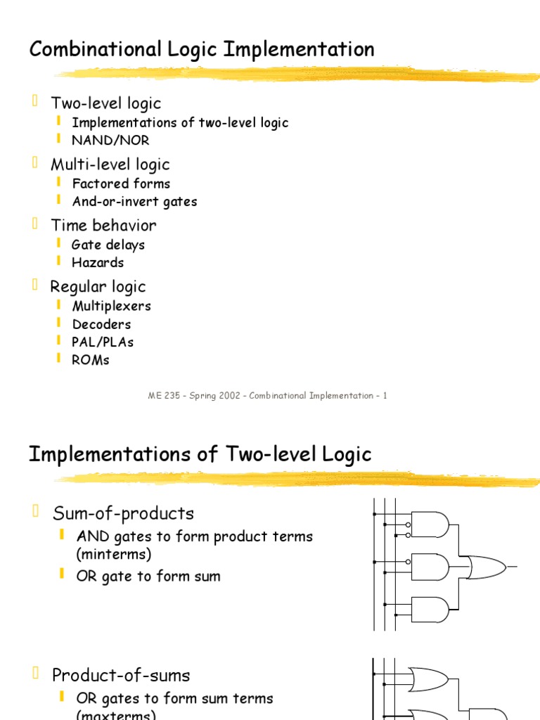 Combinational Logic Implementation: Two-Level Logic Multi-Level Logic Time Behavior Regular ...