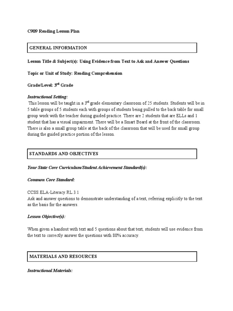 c909 Reading Lesson Plan | PDF | Educational Assessment | Reading ...