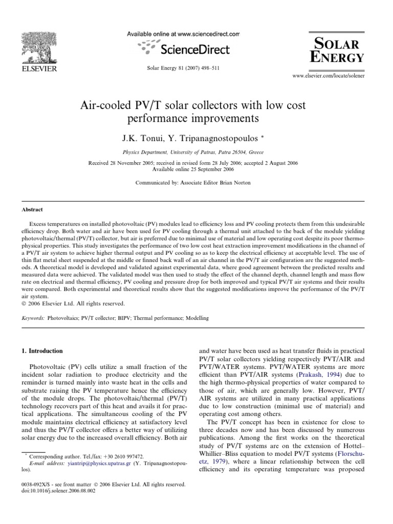 Air-Cooled PVT Solar Collectors With Low Cost Performance Improvements ...