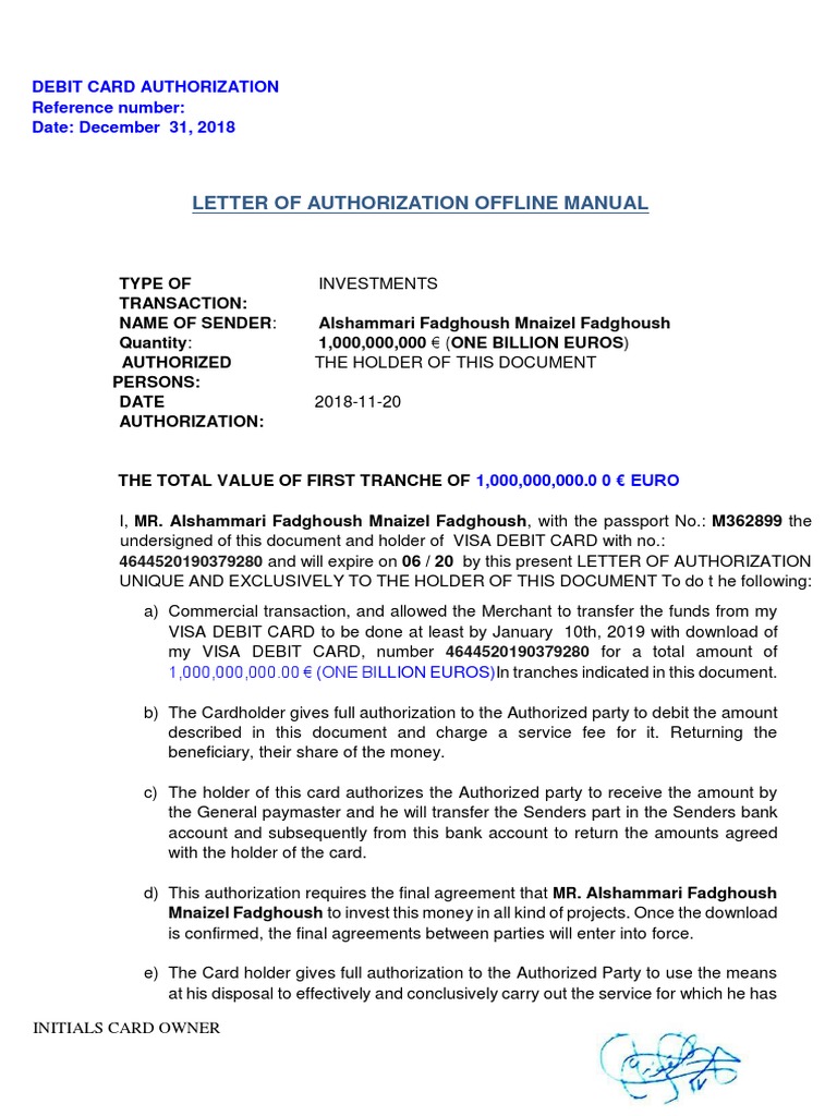 Letter of Authorization Offline Manual: Debit Card Authorization ...