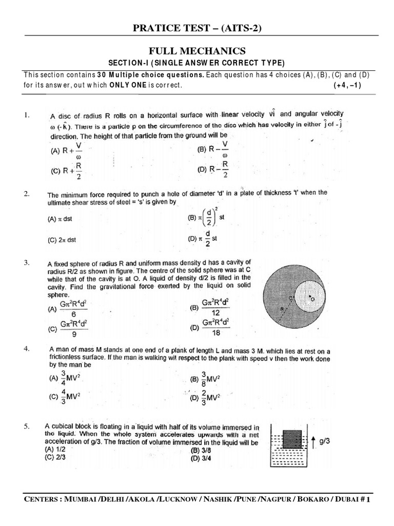 Practice Test with Multiple Choice Questions in Mechanics, Physics and ...