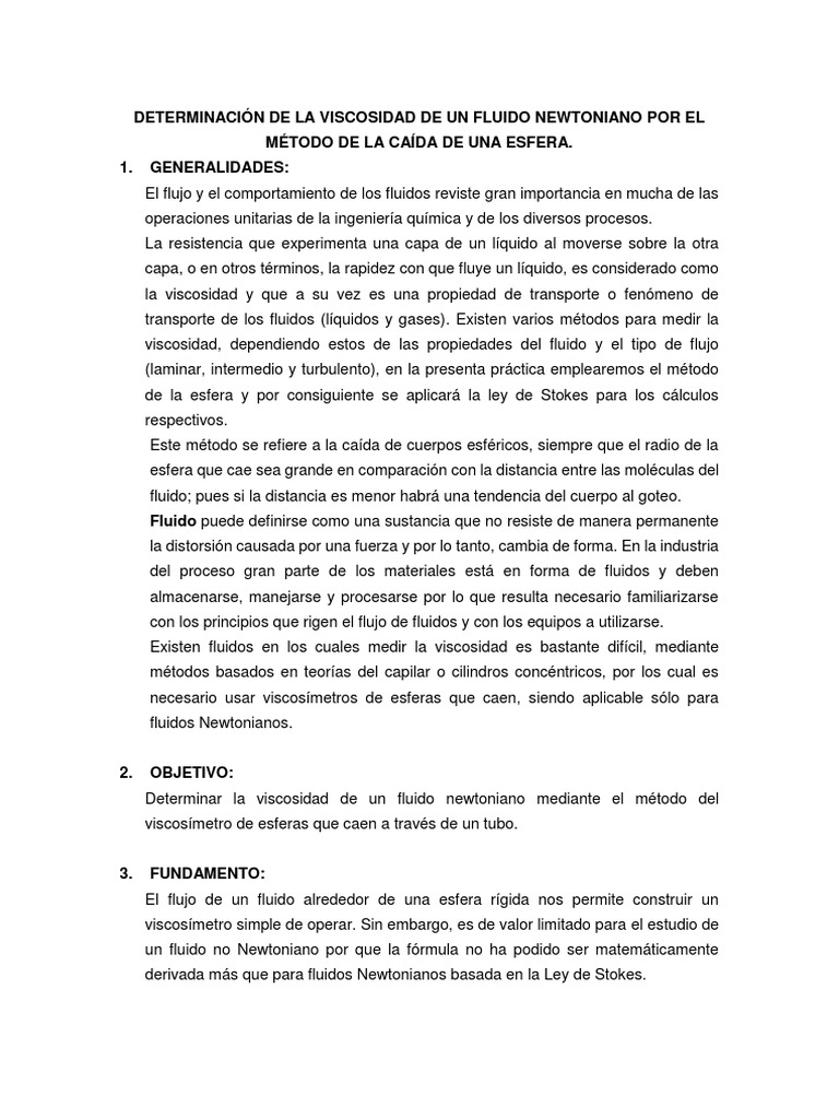 Viscosidad de Un Fluido Newtoniano Por La Caída de Una Esfera | PDF | Viscosidad | Líquidos