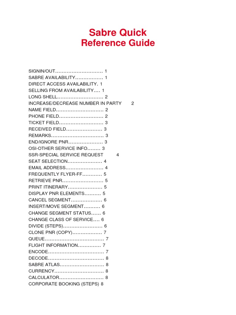 Sabre Quick: Reference Guide | PDF | Airlines | Transport Companies