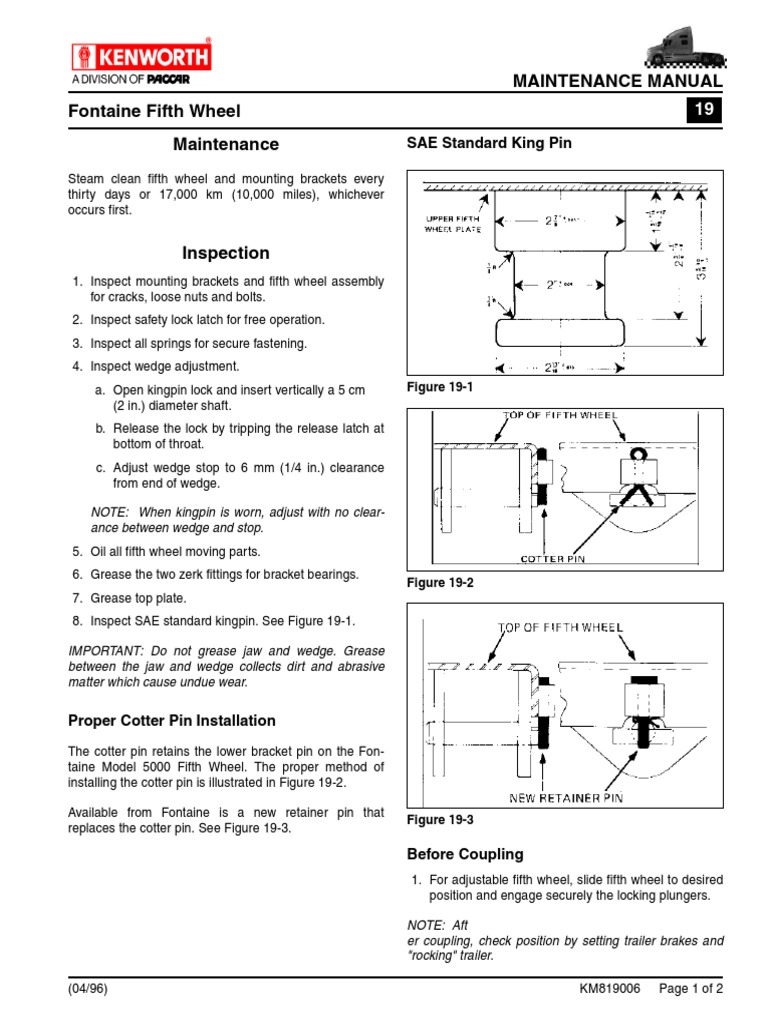 Maintenance Manual Fontaine Fifth Wheel Maintenance: SAE Standard King ...