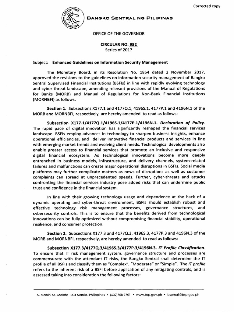 BSP Circular No. 982 Enhanced Guidelines On Information Security ...