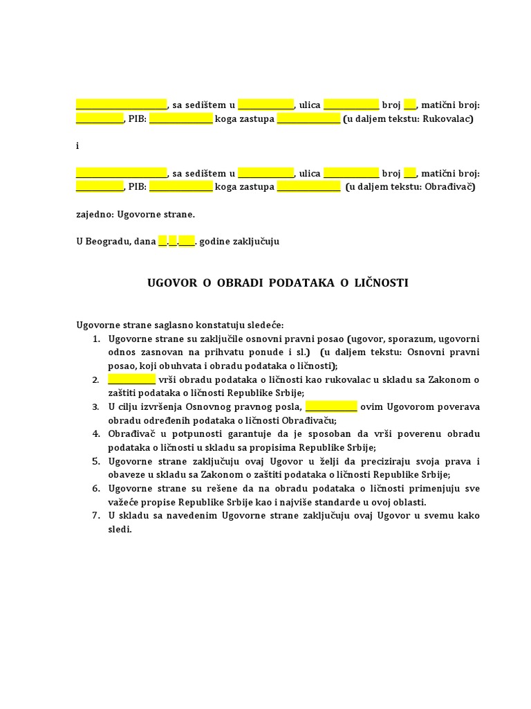 Model - Ugovor o Obradi Podataka Licnosti | PDF