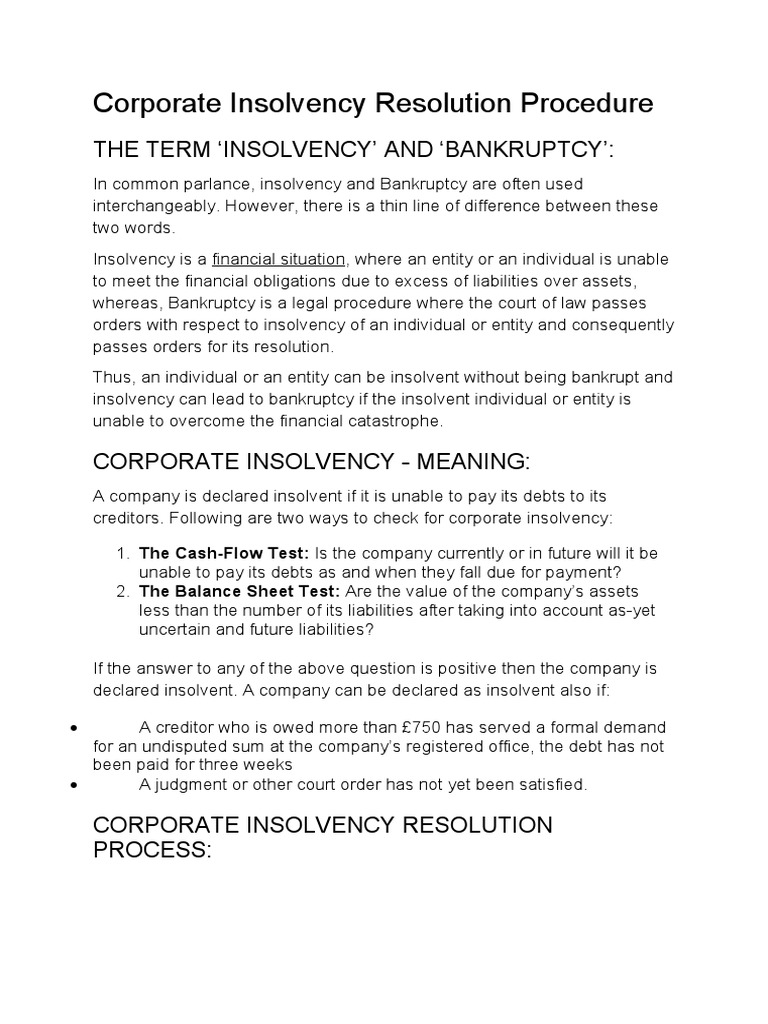Corporate Insolvency Resolution Procedure | PDF | Insolvency | Bankruptcy Corporate Insolvency Resolution Procedure | PDF | Insolvency | Bankruptcy