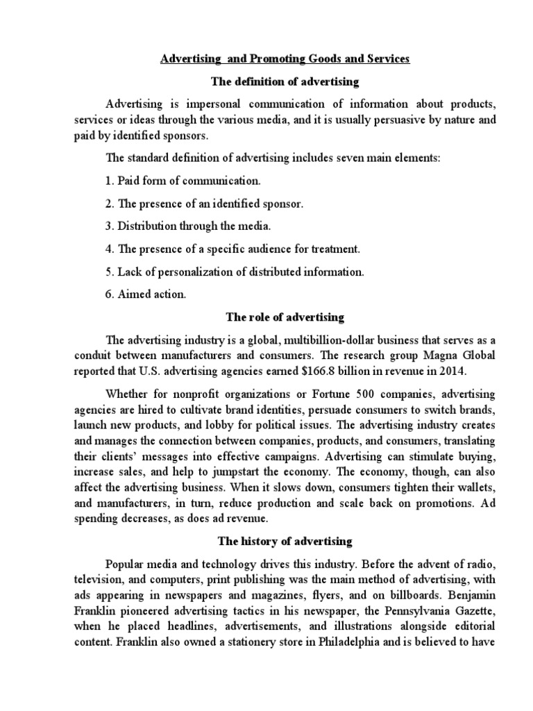 Advertising and Promoting Goods and Services The Definition of ...
