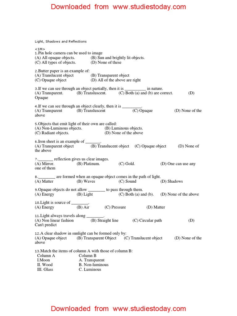 CBSE Class 6 Science - Light, Shadows and Reflections | PDF | Shadow ...