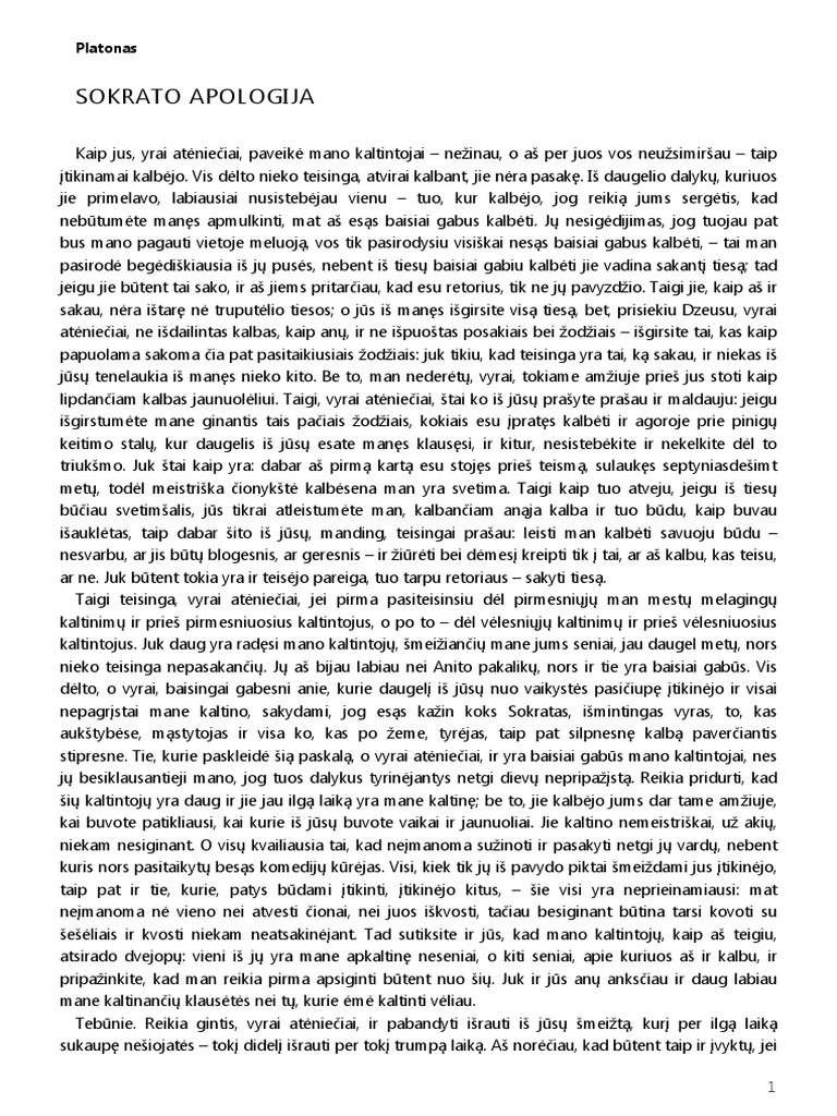 Platonas. Sokrato Apologija - LB3900 PDF | PDF