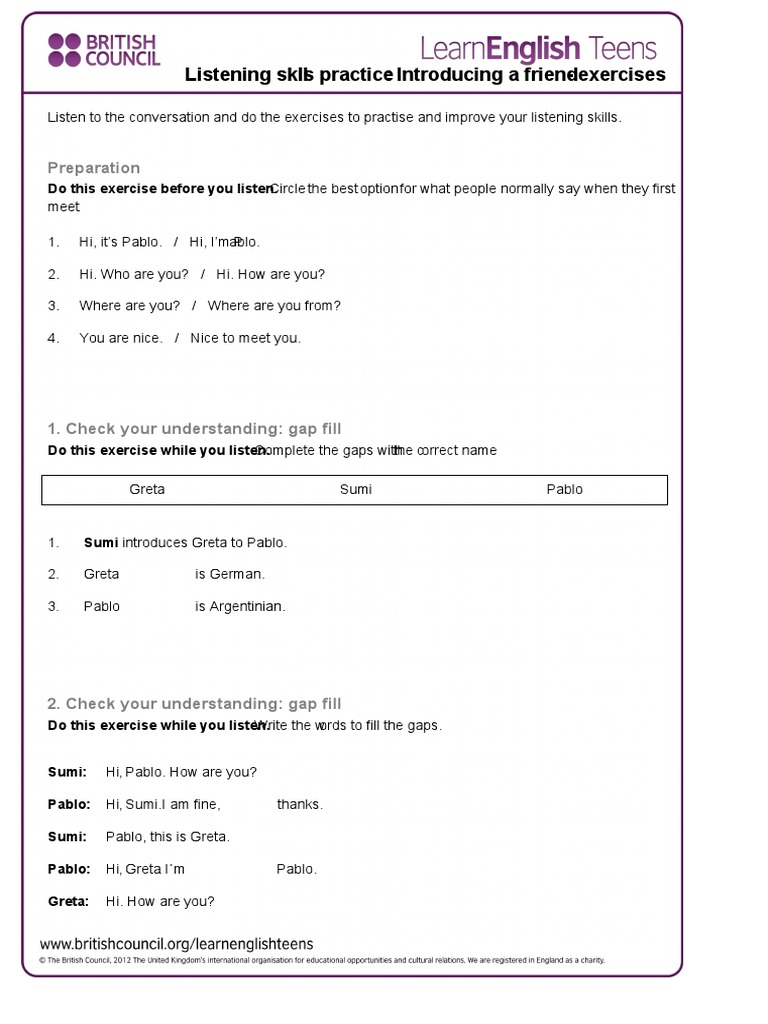 Listening Skills Practice Introducing A Friend: - Exercises | PDF