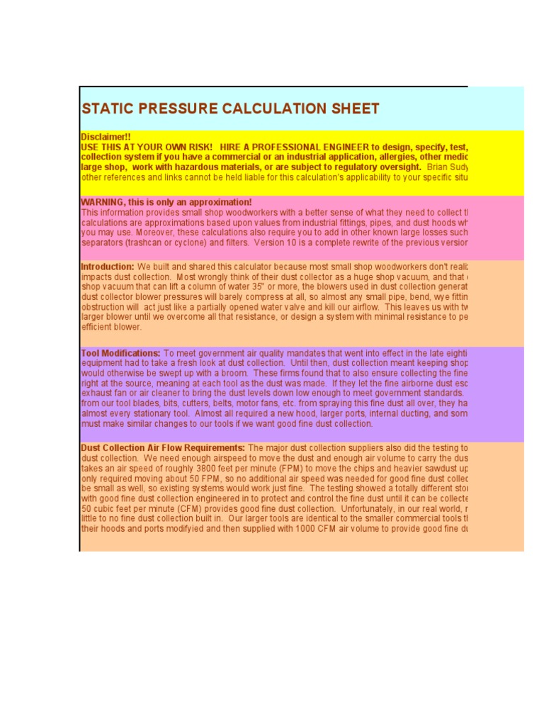 Static Pressure Calculation Sheet | PDF | Duct (Flow) | Dust