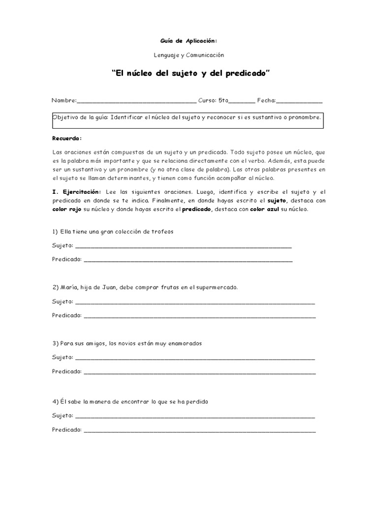 Identificando el núcleo del sujeto y el predicado | PDF | Predicado ...