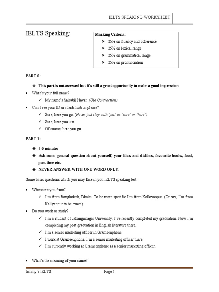 IELTS Speaking: Marking Criteria & Sample Questions | PDF ...