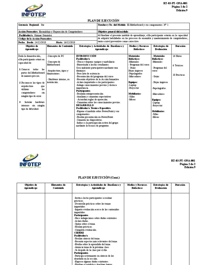 Plan de Ejecucion Giomar | PDF | Evaluación | Aprendizaje