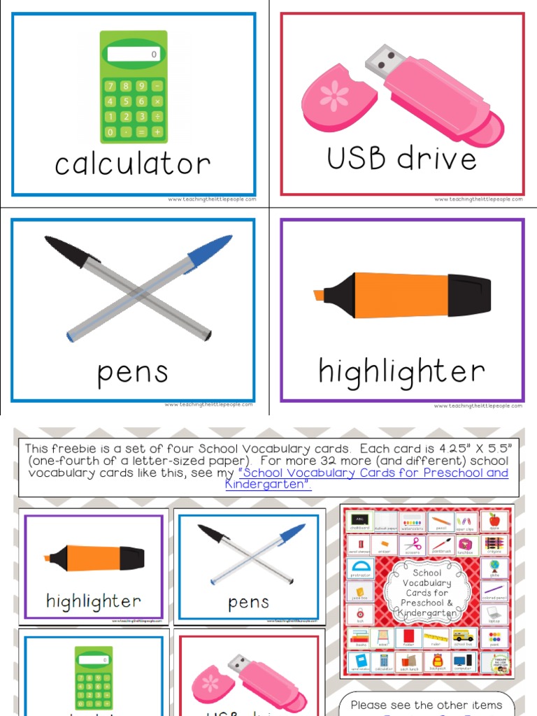 School Vocabulary Card Freebie | PDF