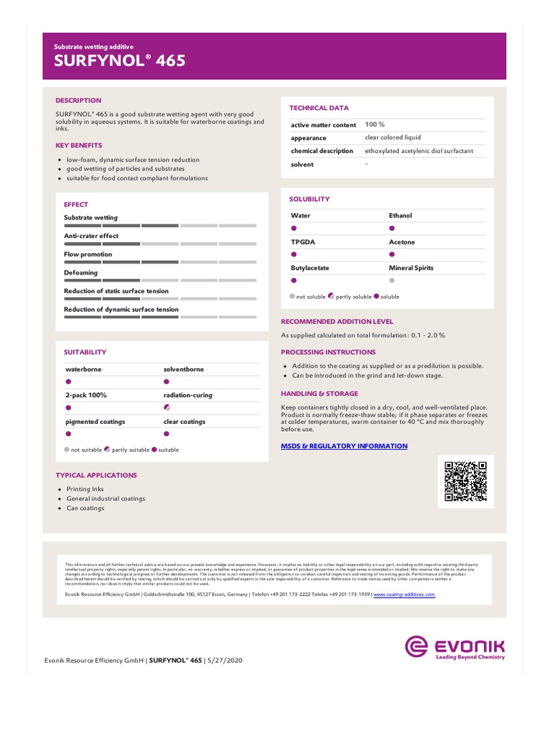 Surfynol® 465: Description Technical Data | PDF | Wetting | Solubility